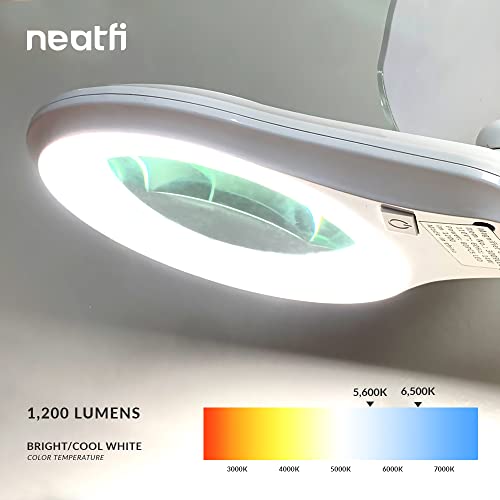 Neatfi (New Model Bifocals 1,200 Lumens Super LED Magnifying Lamp with Clamp, 5D + 20D, Dimmable, 60 Pcs SMD LED, 5 Inches Diameter Lens, Adjustable Arm (5 Diopter + 20 Diopter, White)