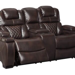 Signature Design by Ashley Warnerton Faux Leather Power Reclining Loveseat with Center Console, Brown