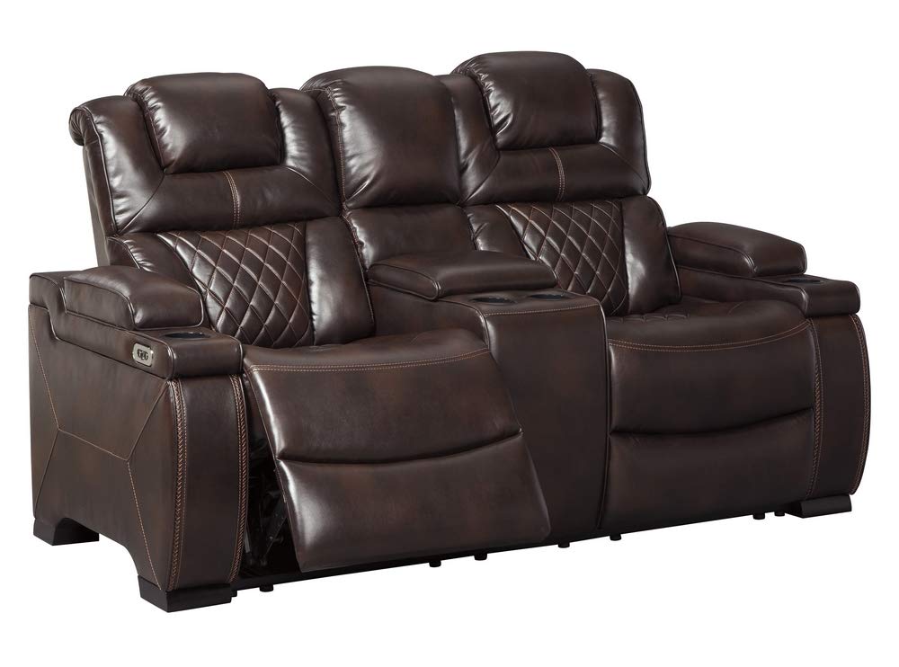 Signature Design by Ashley Warnerton Faux Leather Power Reclining Loveseat with Center Console, Brown