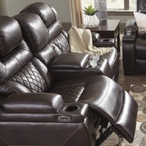 Signature Design by Ashley Warnerton Faux Leather Power Reclining Loveseat with Center Console, Brown