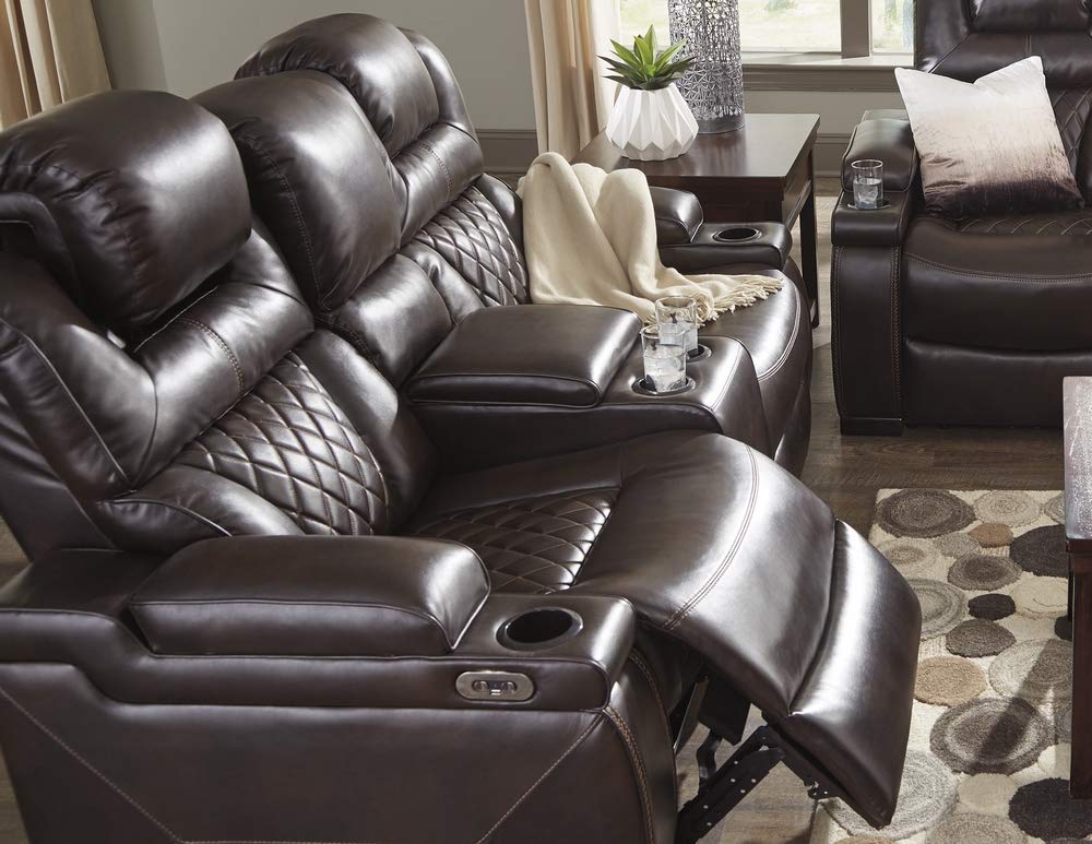 Signature Design by Ashley Warnerton Faux Leather Power Reclining Loveseat with Center Console, Brown