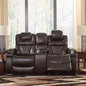 Signature Design by Ashley Warnerton Faux Leather Power Reclining Loveseat with Center Console, Brown