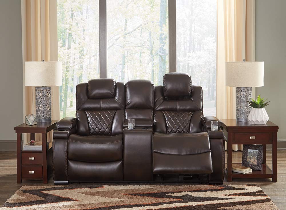 Signature Design by Ashley Warnerton Faux Leather Power Reclining Loveseat with Center Console, Brown