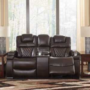 Signature Design by Ashley Warnerton Faux Leather Power Reclining Loveseat with Center Console, Brown