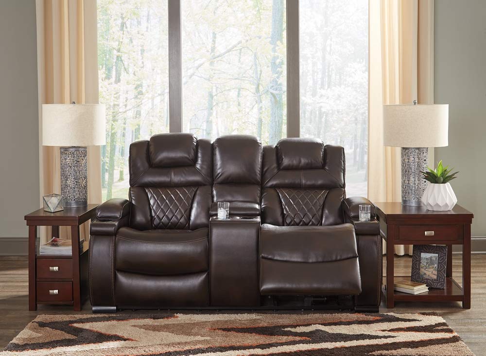 Signature Design by Ashley Warnerton Faux Leather Power Reclining Loveseat with Center Console, Brown