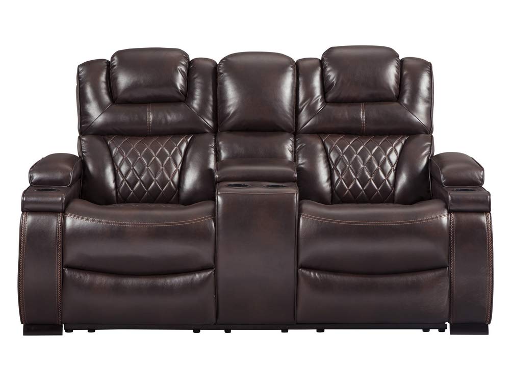 Signature Design by Ashley Warnerton Faux Leather Power Reclining Loveseat with Center Console, Brown