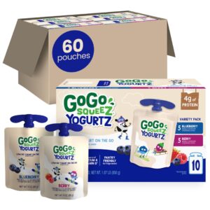 gogo squeez yogurtz variety pack, blueberry and berry, 3 oz (pack of 60), kids snacks made from real yogurt and fruit, no fridge needed, gluten free, nut free, recloseable cap, bpa free pouches