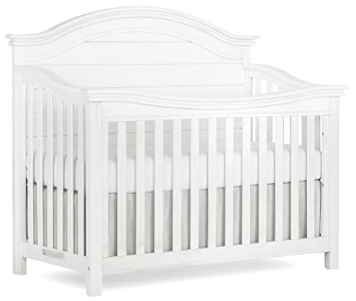 Evolur Belmar Curve 5-in-1 Convertible Crib in Weathered White, Greenguard Gold Certified, Features 3 Mattress Height Settings, Crafted from Hardwood, Wooden Nursery Furniture