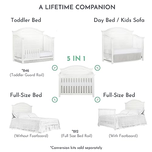 Evolur Belmar Curve 5-in-1 Convertible Crib in Weathered White, Greenguard Gold Certified, Features 3 Mattress Height Settings, Crafted from Hardwood, Wooden Nursery Furniture