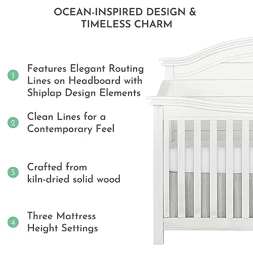 Evolur Belmar Curve 5-in-1 Convertible Crib in Weathered White, Greenguard Gold Certified, Features 3 Mattress Height Settings, Crafted from Hardwood, Wooden Nursery Furniture