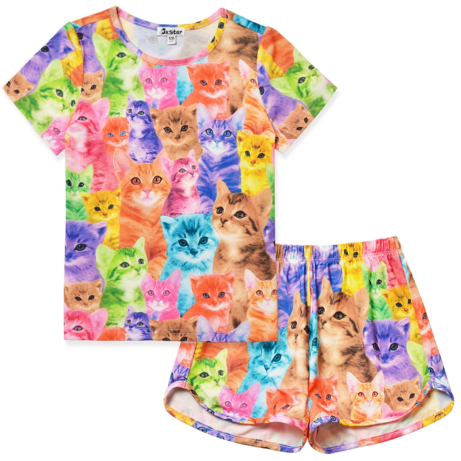 Jxstar Pajamas Girl Sleepwear Kid Cute Cat Print Cotton Set Teen Summer Short Sleeves