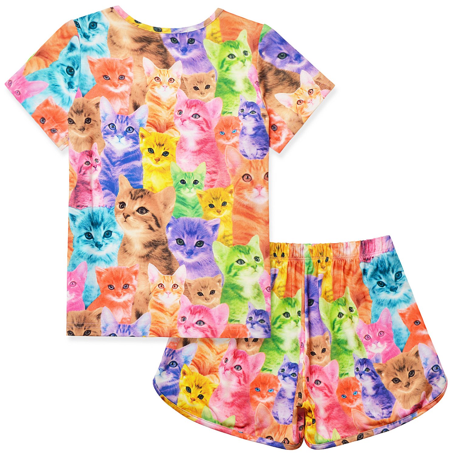 Jxstar Pajamas Girl Sleepwear Kid Cute Cat Print Cotton Set Teen Summer Short Sleeves