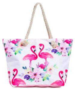 leisureland large beach tote bag, top zipper boat bag (flamingo)