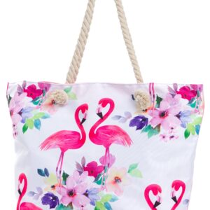 Leisureland Large Beach Tote Bag, Top Zipper Boat Bag (Flamingo)