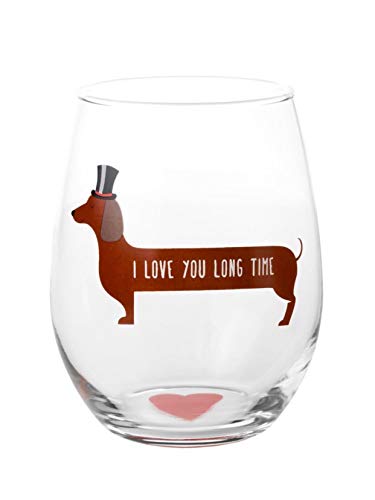 Drinking Divas - I Love You Long Time - 15oz Stemless Dachshund Dog Wine Glass – Birthday Mother's Dayand Christmas Weiner Dog Gifts | Funny Wine Glasses with Sayings for Dog Lovers