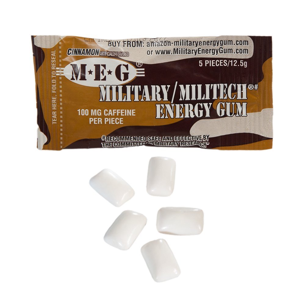 MEG - Military Energy Gum | 100mg of Caffeine Per Piece + Increase Energy + Boost Physical Performance + Multi Flavors of Arctic Mint , Spearmint, & Cinnamon + 8 Packs (40 Count)