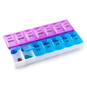 pill box organizer case, 14 compartments, 7 daily am pm slot, 2 times a day, weekly dosis, medicine holder/container, ideal/medication, vitamin, supplement, medicine, pills. perfect travel & purse