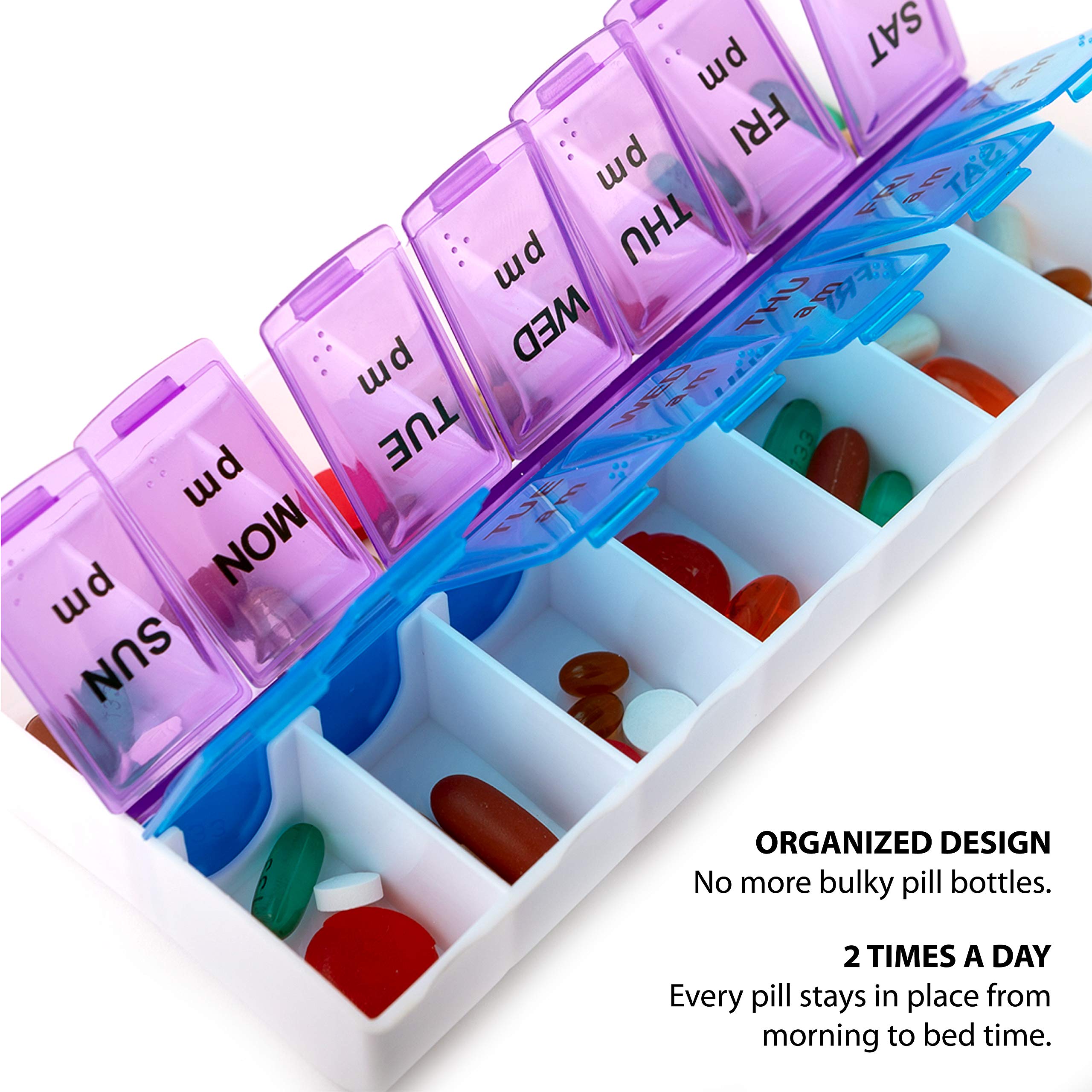 Pill Box Organizer Case, 14 Compartments, 7 Daily AM PM Slot, 2 Times a Day, Weekly dosis, Medicine Holder/Container, Ideal/Medication, Vitamin, Supplement, Medicine, Pills. Perfect Travel & Purse