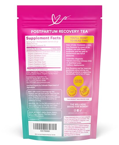 Pink Stork Postpartum Recovery Herbal Tea, Organic Red Raspberry Leaf with Chamomile, Hormone Balance for Women after Labor and Delivery, Strawberry Passion, Caffeine-Free, 15 Sachets