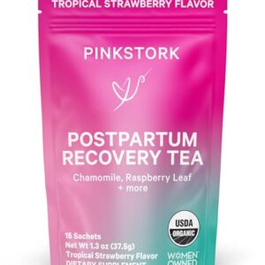 Pink Stork Postpartum Recovery Herbal Tea, Organic Red Raspberry Leaf with Chamomile, Hormone Balance for Women after Labor and Delivery, Strawberry Passion, Caffeine-Free, 15 Sachets