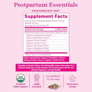 Pink Stork Postpartum Recovery Herbal Tea, Organic Red Raspberry Leaf with Chamomile, Hormone Balance for Women after Labor and Delivery, Strawberry Passion, Caffeine-Free, 15 Sachets