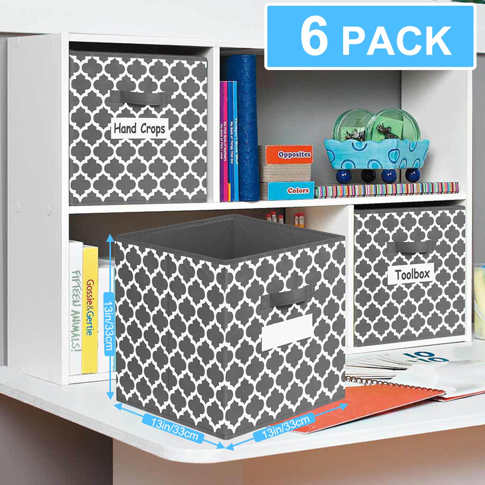 homyfort Cube Storage Organizer Bins 12x12 - Fabric Storage Cubes Bin Foldable Baskets Square Box with Labels and Dual Plastic Handles for Shelf, Nursery, Cabinet, Clothes, Toys, Set of 6 (Grey)