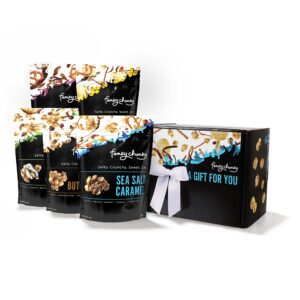 funky chunky gourmet popcorn sampler variety pack with all 5 flavors: sea salt caramel, nutty choco pop, peanut butter cup, chip zel pop, and chocolate pretzel, 2 oz (5 bags)