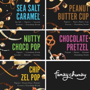 Funky Chunky Gourmet Popcorn Sampler Variety Pack with all 5 flavors: Sea Salt Caramel, Nutty Choco Pop, Peanut Butter Cup, Chip Zel Pop, and Chocolate Pretzel, 2 oz (5 Bags)