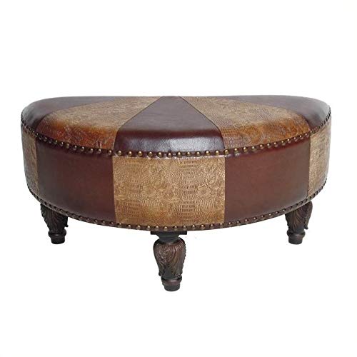 Pemberly Row Faux Leather Half Moon Ottoman in Brown Mix Pattern