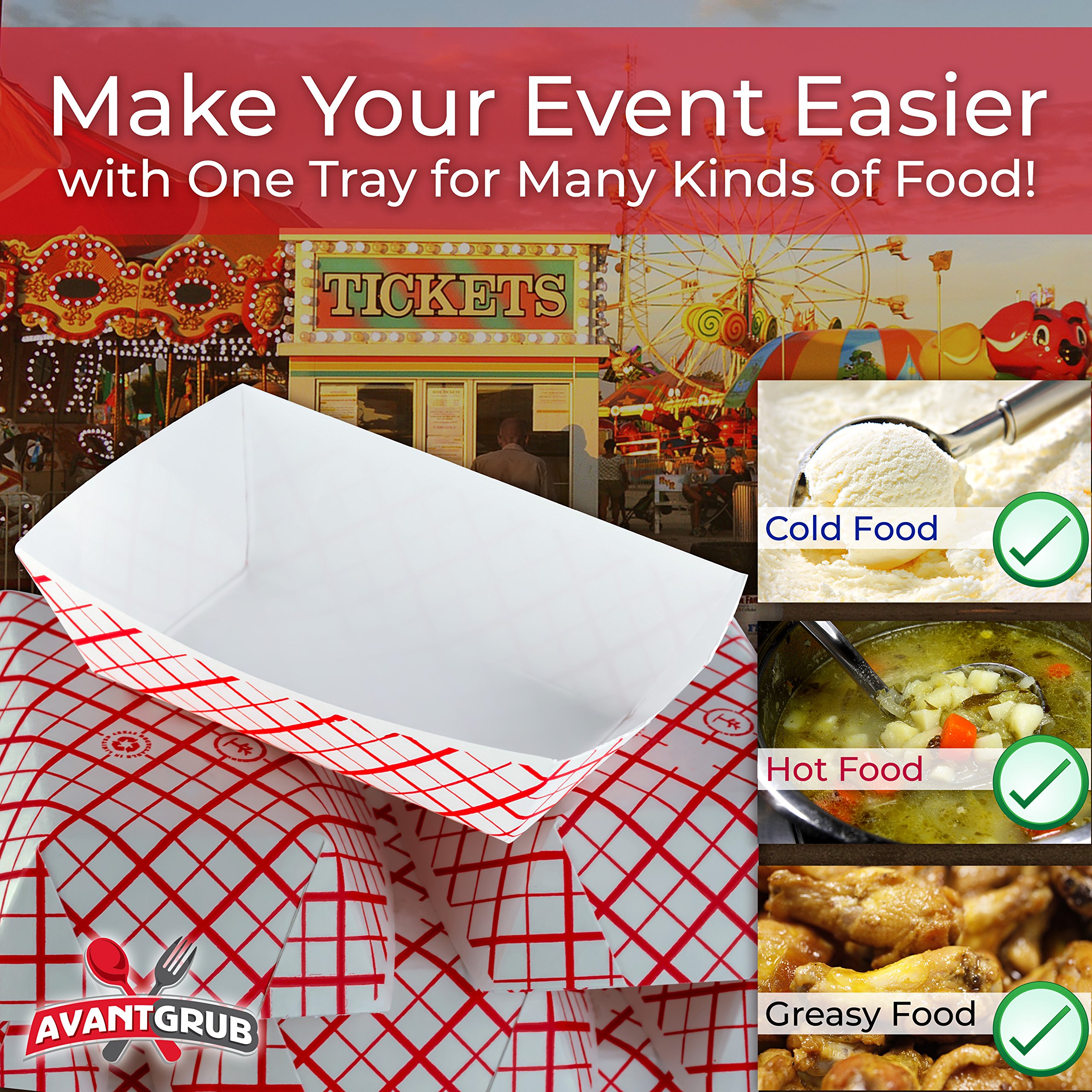 Heavy Duty, Grease Resistant 2 Lb Paper Food Trays 100 Pk. Recyclable, Coated Paperboard Basket Ideal for Festival, Carnival, Concession Stand Treats Like Fries, Ice Cream & Chicken Tenders