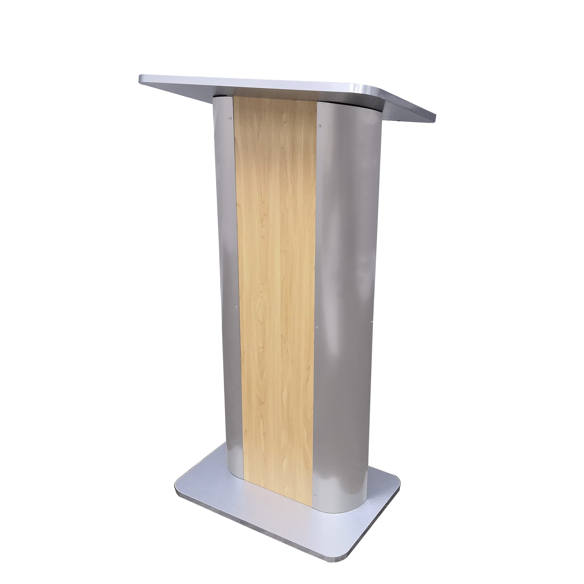 FixtureDisplays® 49"H Maple Melamine Podium Pulpit Lectern with Curved Brushed Stainless Steel Sides 19629