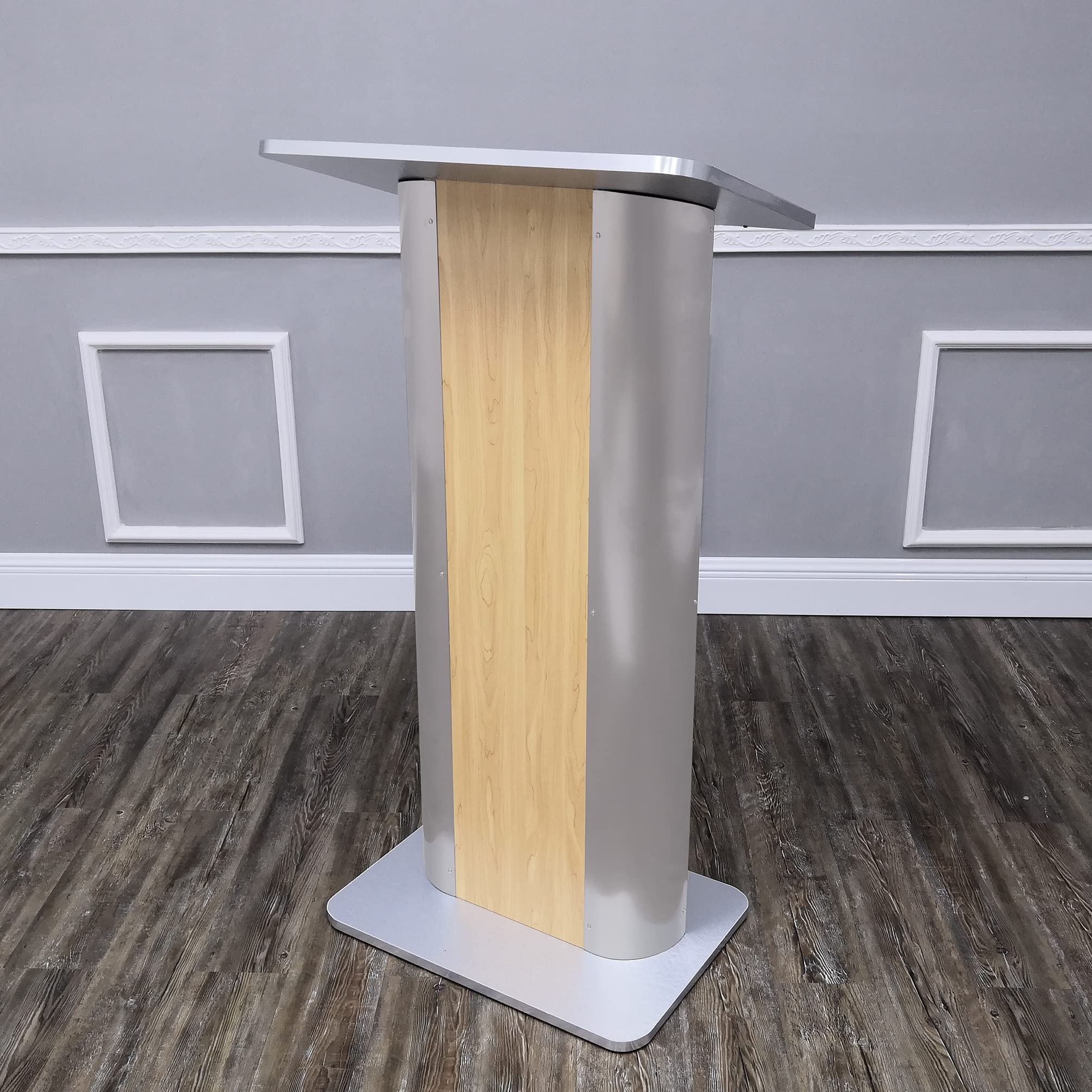 FixtureDisplays® 49"H Maple Melamine Podium Pulpit Lectern with Curved Brushed Stainless Steel Sides 19629