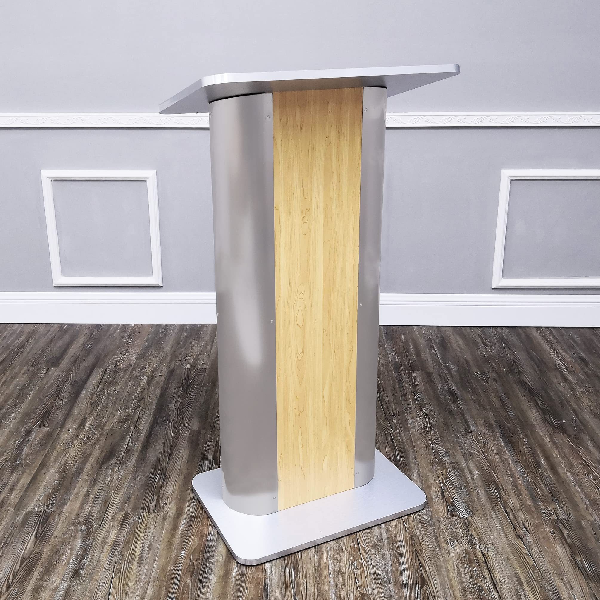 FixtureDisplays® 49"H Maple Melamine Podium Pulpit Lectern with Curved Brushed Stainless Steel Sides 19629