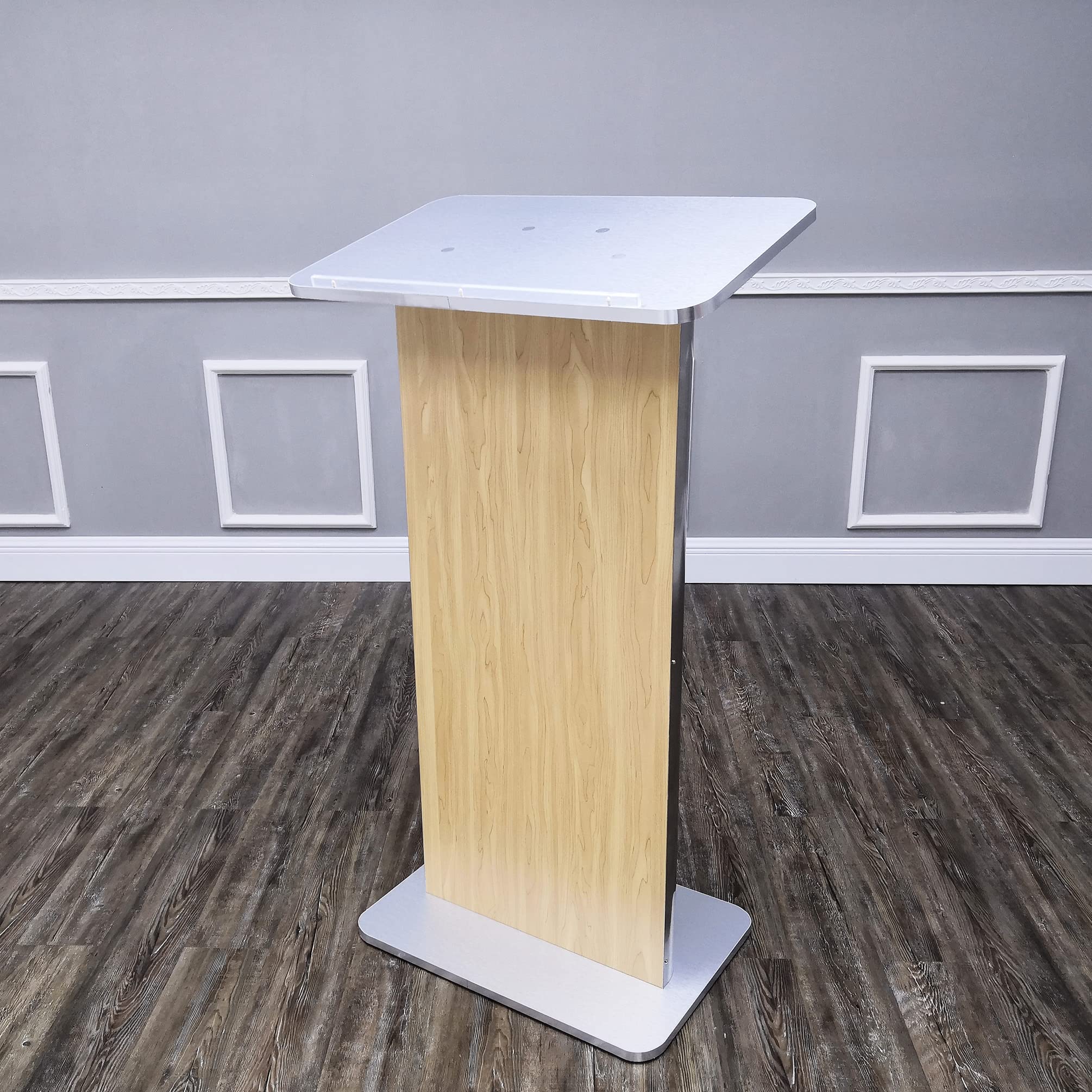 FixtureDisplays® 49"H Maple Melamine Podium Pulpit Lectern with Curved Brushed Stainless Steel Sides 19629