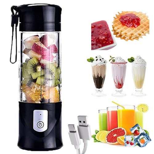 Portable Blender, USB Travel Juice Cup Baby Food Mixing Juicer Machince with Updated 6 Blades with Powerful Motor 4000mAh Rechargeable Battery,13Oz Bottle(black)