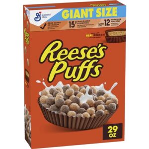 reese’s puffs chocolatey peanut butter cereal, kid breakfast cereal, giant size, 29 oz