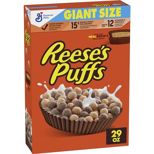 REESE’S PUFFS Chocolatey Peanut Butter Cereal, Kid Breakfast Cereal, Giant Size, 29 oz