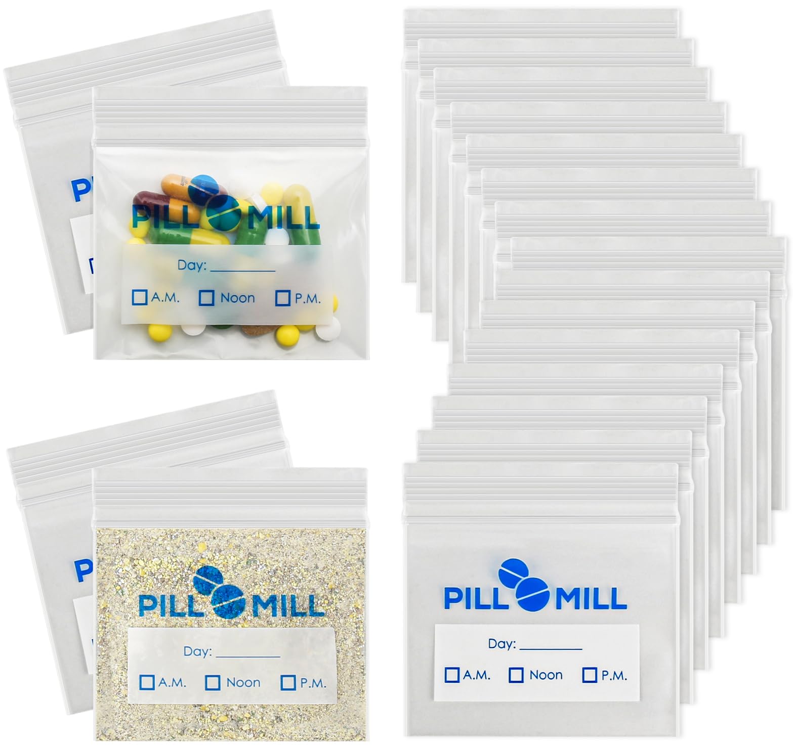 Pill Bag Count - Size 3" X 2" 3 Mil – Plastic Pill Organizer Bags – Small Pocket Pill Baggies – Travel Pill Pouch– Daily AM PM Medicine Storage Pouches – Locking Pill Carrier Container (100-Pack)