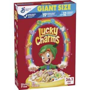 lucky charms gluten free cereal with marshmallows, kids breakfast cereal, made with whole grain, giant size, 26.1 oz