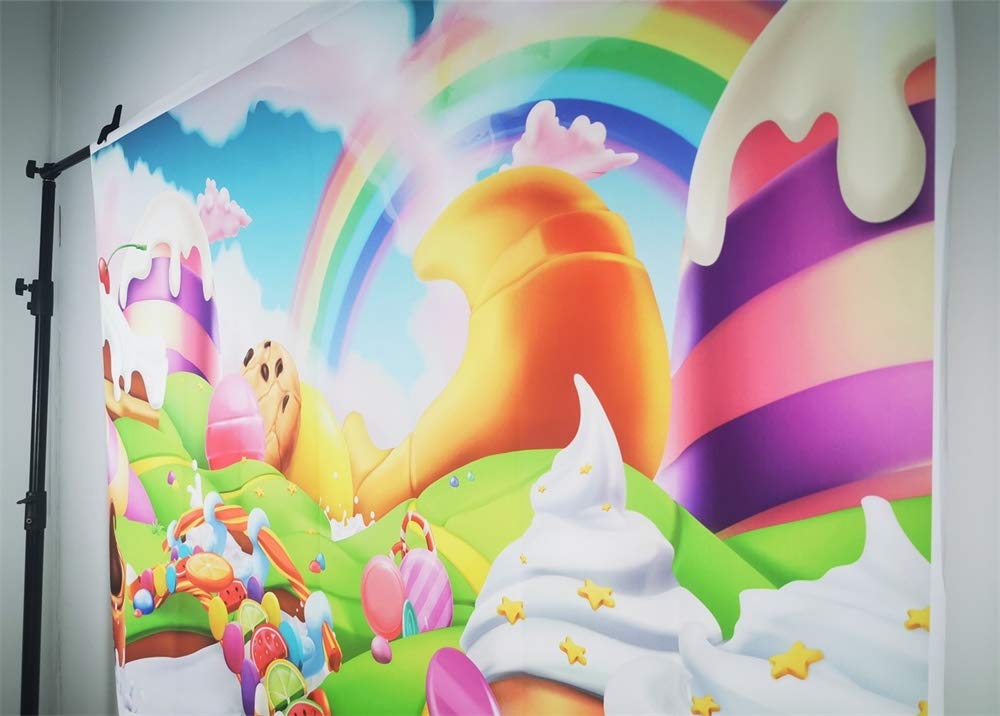 AOFOTO 5x3ft Fantasy Candy Land Landscape Background Cartoon Ice Cream Dessert Lollipop Photography Backdrop Rainbow Birthday Party Decoration Banner Photo Studio Props Kid Baby Girl Vinyl Wallpaper