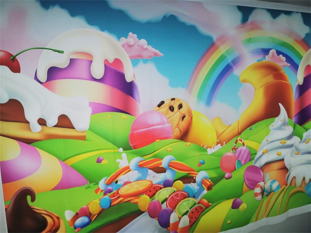 AOFOTO 5x3ft Fantasy Candy Land Landscape Background Cartoon Ice Cream Dessert Lollipop Photography Backdrop Rainbow Birthday Party Decoration Banner Photo Studio Props Kid Baby Girl Vinyl Wallpaper