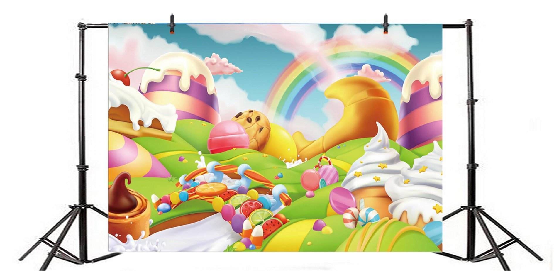 AOFOTO 5x3ft Fantasy Candy Land Landscape Background Cartoon Ice Cream Dessert Lollipop Photography Backdrop Rainbow Birthday Party Decoration Banner Photo Studio Props Kid Baby Girl Vinyl Wallpaper