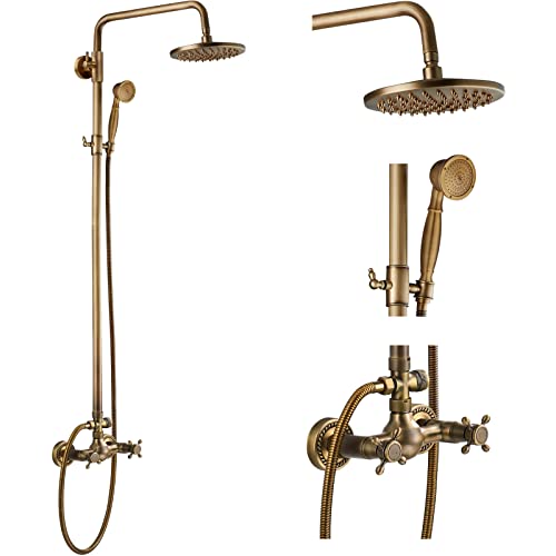 gotonovo Antique Brass Bathroom Shower Faucet Set Shower Fixture 8 Inch Rainfall Shower Head Handheld Shower Cross Handle