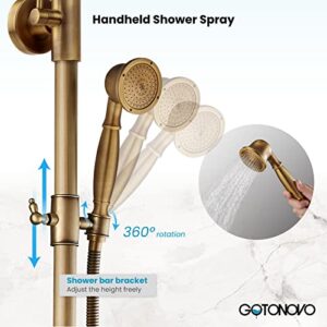 gotonovo Antique Brass Bathroom Shower Faucet Set Shower Fixture 8 Inch Rainfall Shower Head Handheld Shower Cross Handle