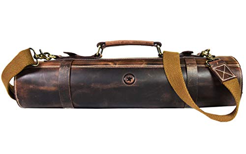 Leather Knife Roll Storage Bag, Elastic and Expandable 10 Pockets, Adjustable/Detachable Shoulder Strap, Travel-Friendly Chef Knife Case (Dark Brown, Leather)