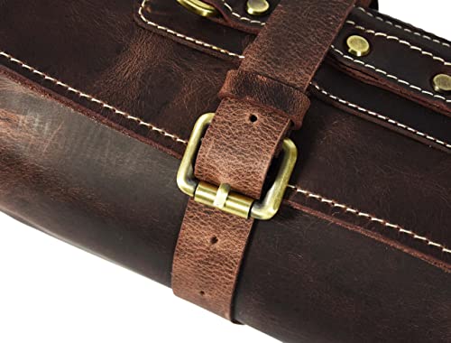 Leather Knife Roll Storage Bag, Elastic and Expandable 10 Pockets, Adjustable/Detachable Shoulder Strap, Travel-Friendly Chef Knife Case (Dark Brown, Leather)