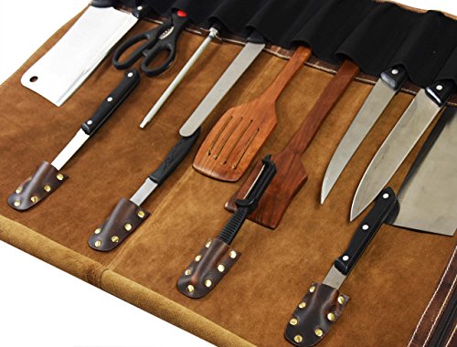 Leather Knife Roll Storage Bag, Elastic and Expandable 10 Pockets, Adjustable/Detachable Shoulder Strap, Travel-Friendly Chef Knife Case (Dark Brown, Leather)