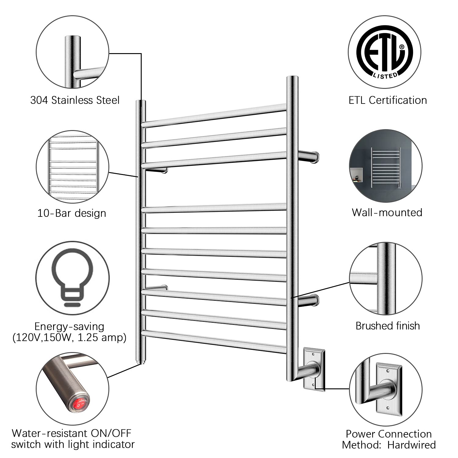 HEATGENE Towel Warmer Wall-Mounted Hardwired Heated Towel Rack Hot Towel Bar Brushed