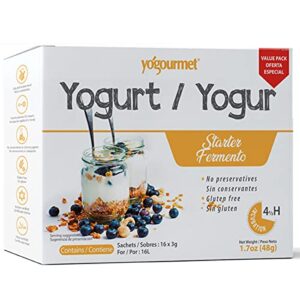 yogourmet yogurt starter (16 pack) - make yogurt at home - starter culture - all natural, gluten free, kosher, halal - 3 g sachets