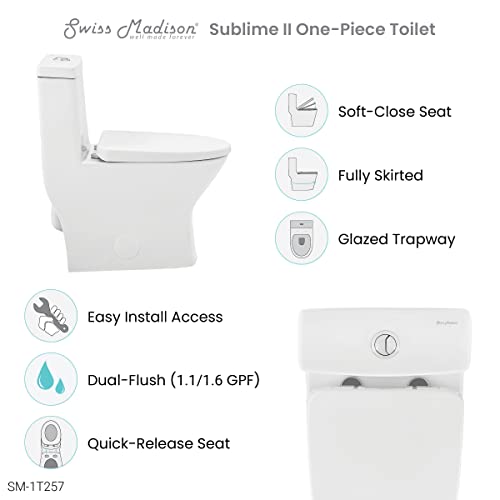 Swiss Madison SM-1T257 Sublime II Compact 24" Length One Piece Toilet Dual Flush 1.1/1.6 GPF with Side Holes, Glossy White